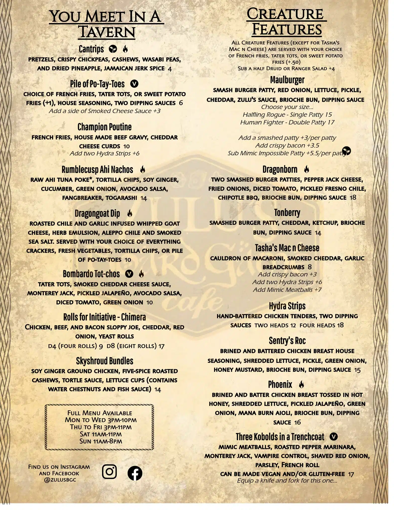 Menu - Zulu's Board Game Cafe